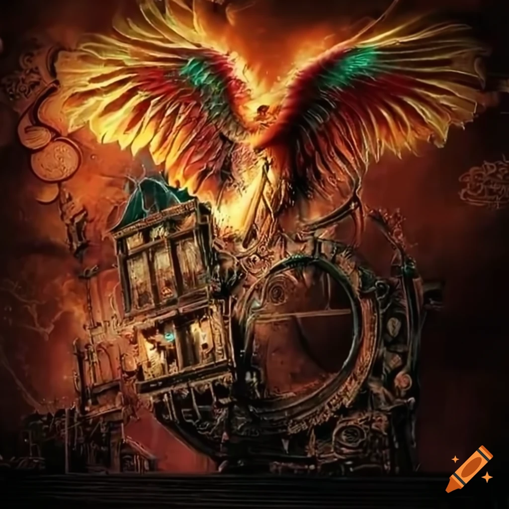 Phoenix factory in steampunk script with vivid colors on Craiyon