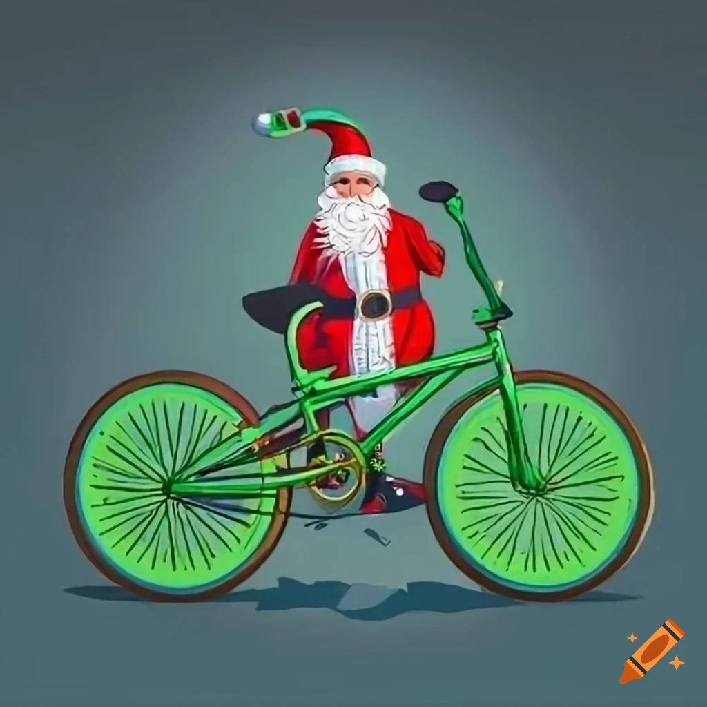 Santa Claus inflating flat tires of a green BMX bicycle in a tight ...