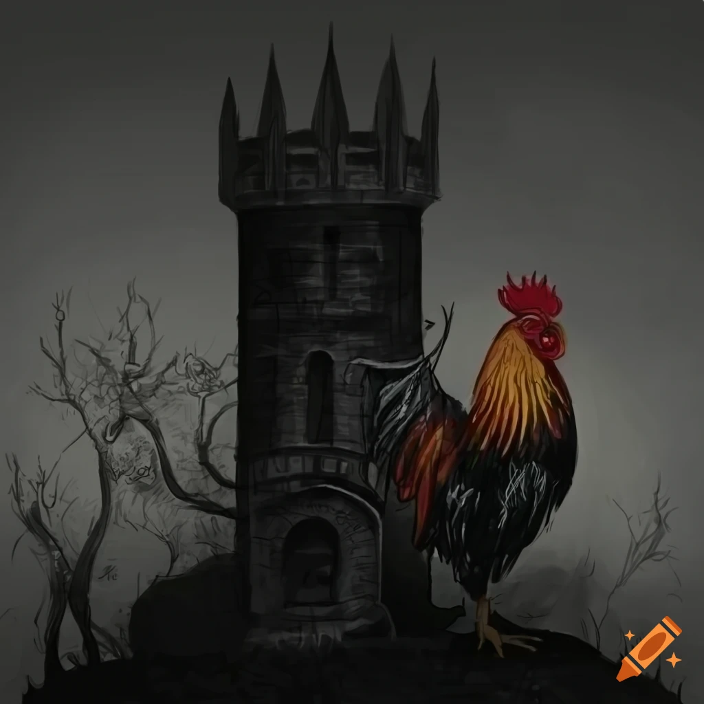 Victorian rooster with red eyes perched on a darkstone castle tower in ...