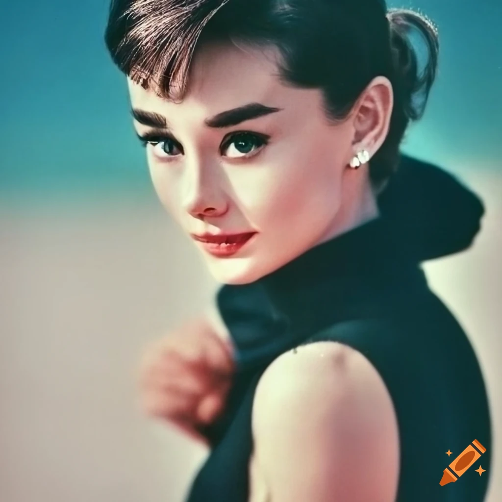 Audrey hepburn posing on the beach in flirty attire on Craiyon