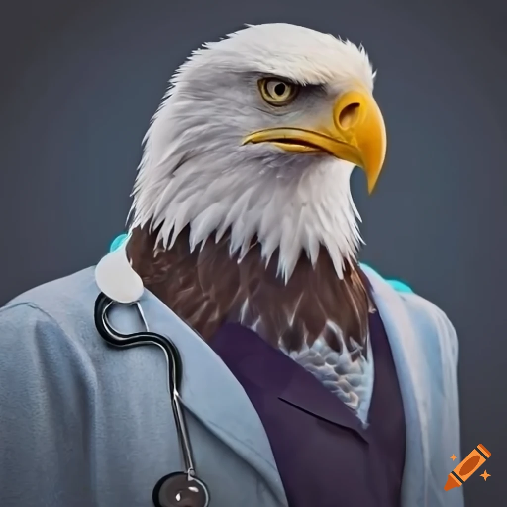 Bald eagle wearing lab coat and stethoscope on Craiyon
