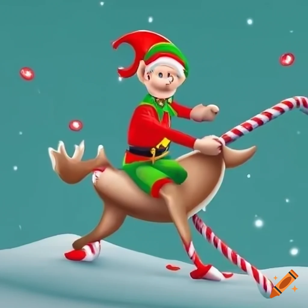 Elf riding reindeer on candy cane skis on Craiyon