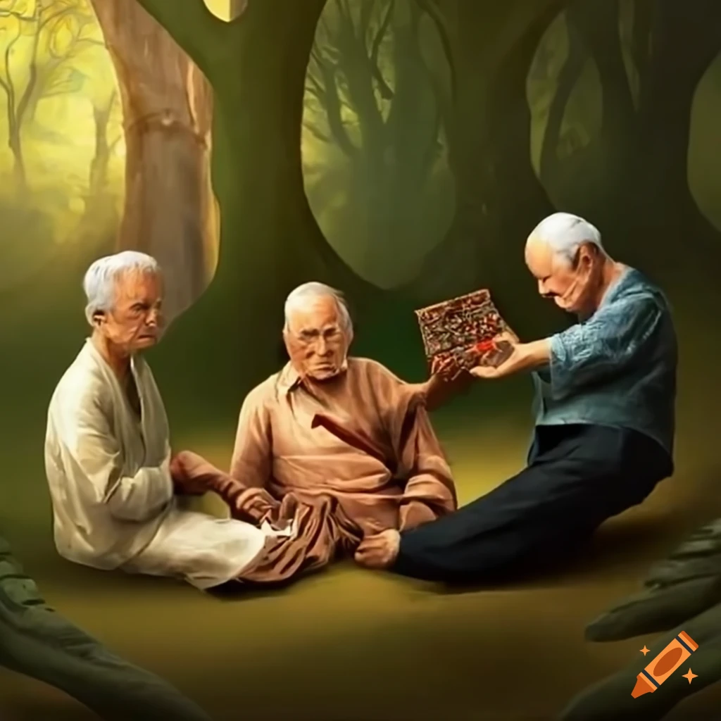 Elderly men playing chinese checkers by the trees on Craiyon