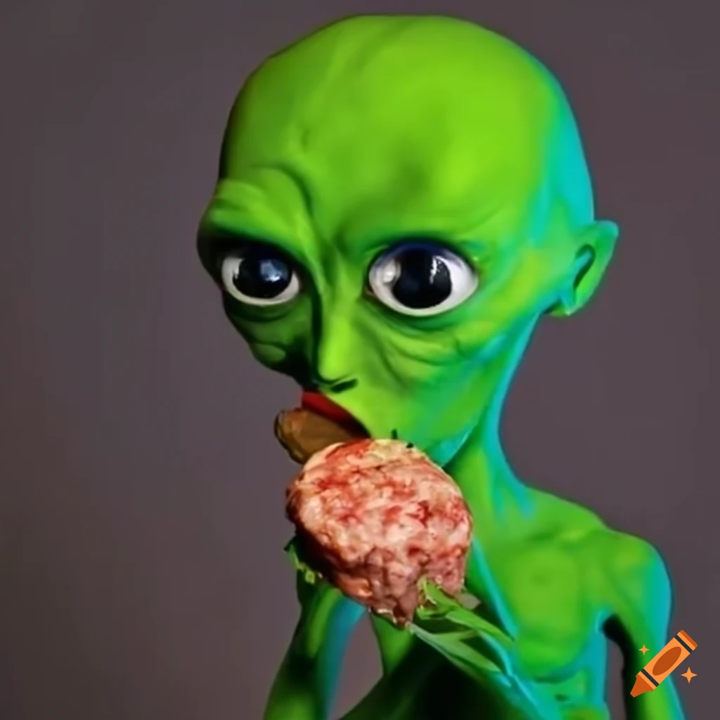 Green alien enjoying a large meatball with a fork on Craiyon