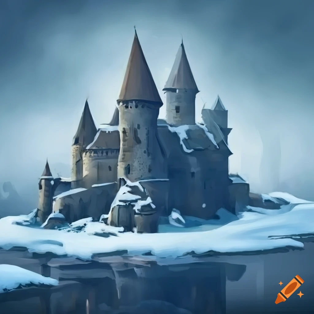 Small castle covered in ice and snow in a wintry scene on Craiyon