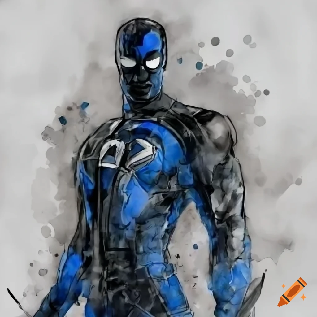 Anti-hero in black and blue suit with a white cape standing on a ...