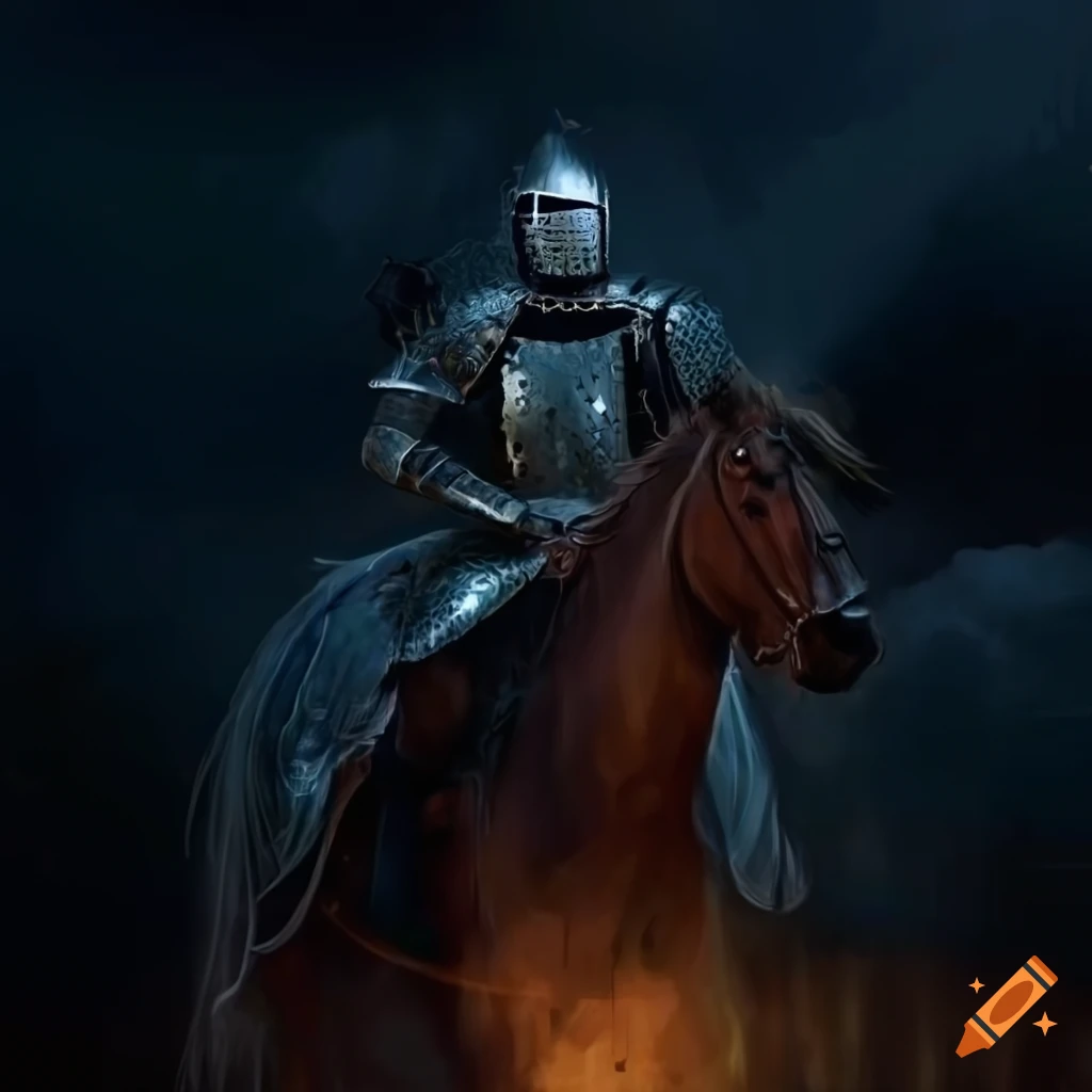 Spooky knight on horseback with sword in stormy night on Craiyon