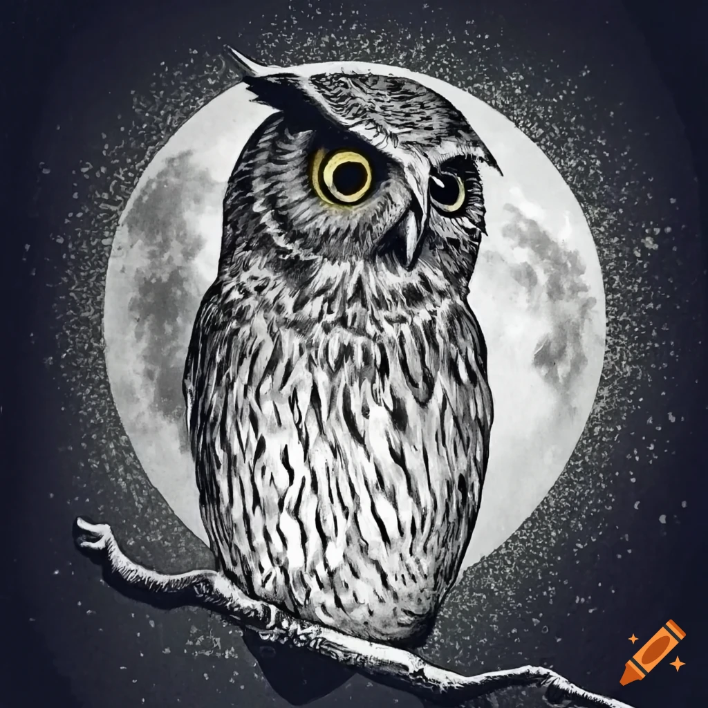 Owl woodcut with moon on Craiyon