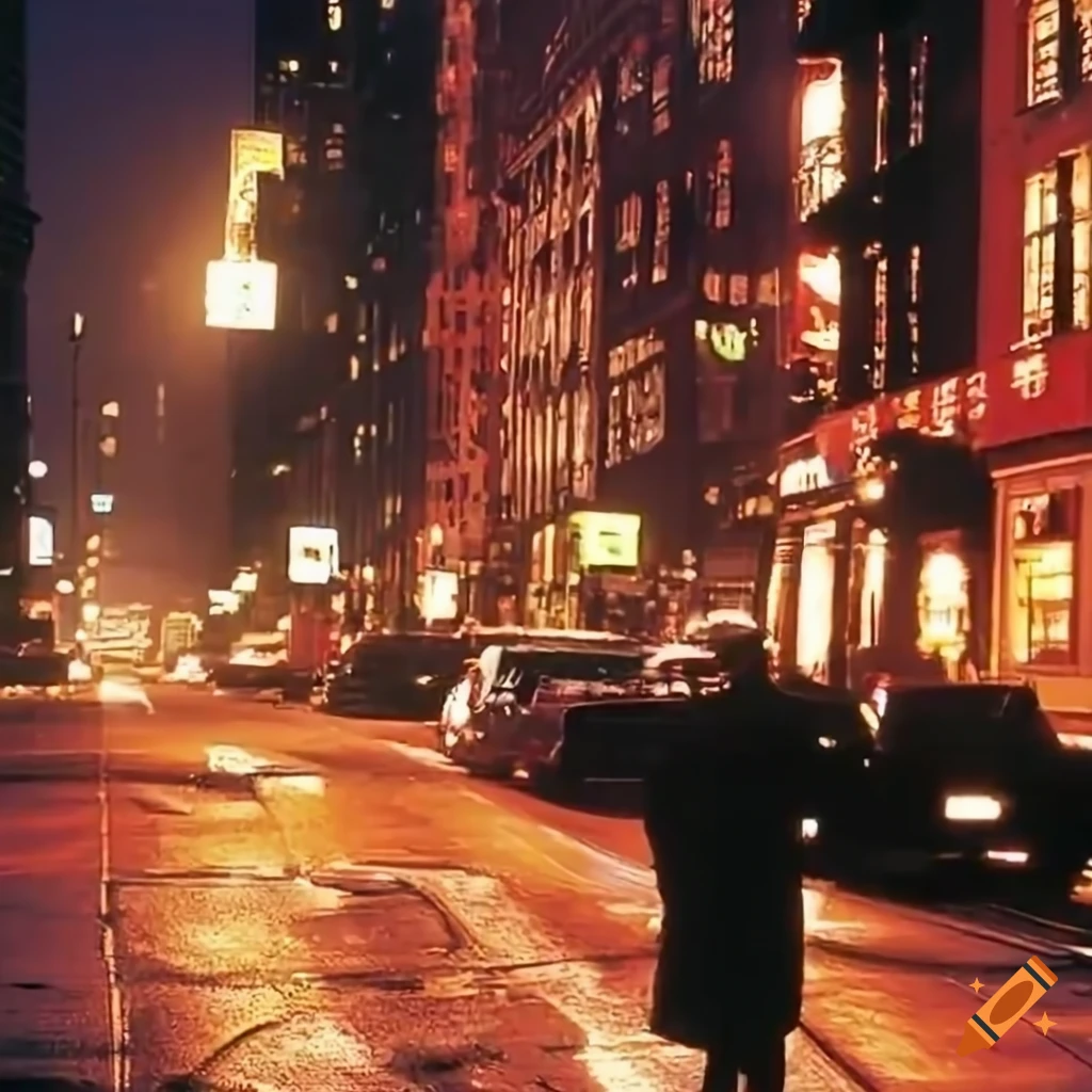 Noir rooftop view of new york city streets at night on Craiyon