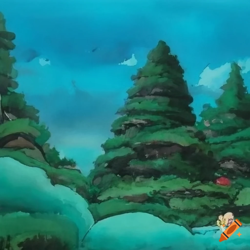 Gouache landscape painting of martian forest with ball-shaped trees in ...