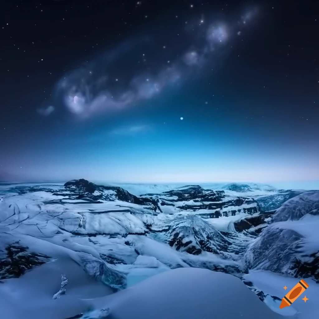 Snowy cliffs on a cold, icy planet with black sky in deep space on Craiyon