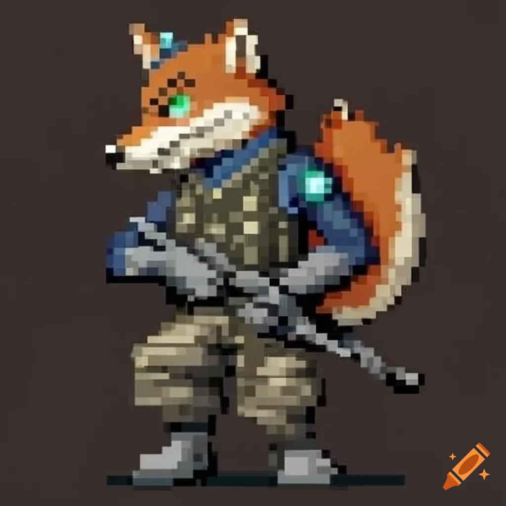 Anthropomorphic fox soldier in pixel art style on Craiyon