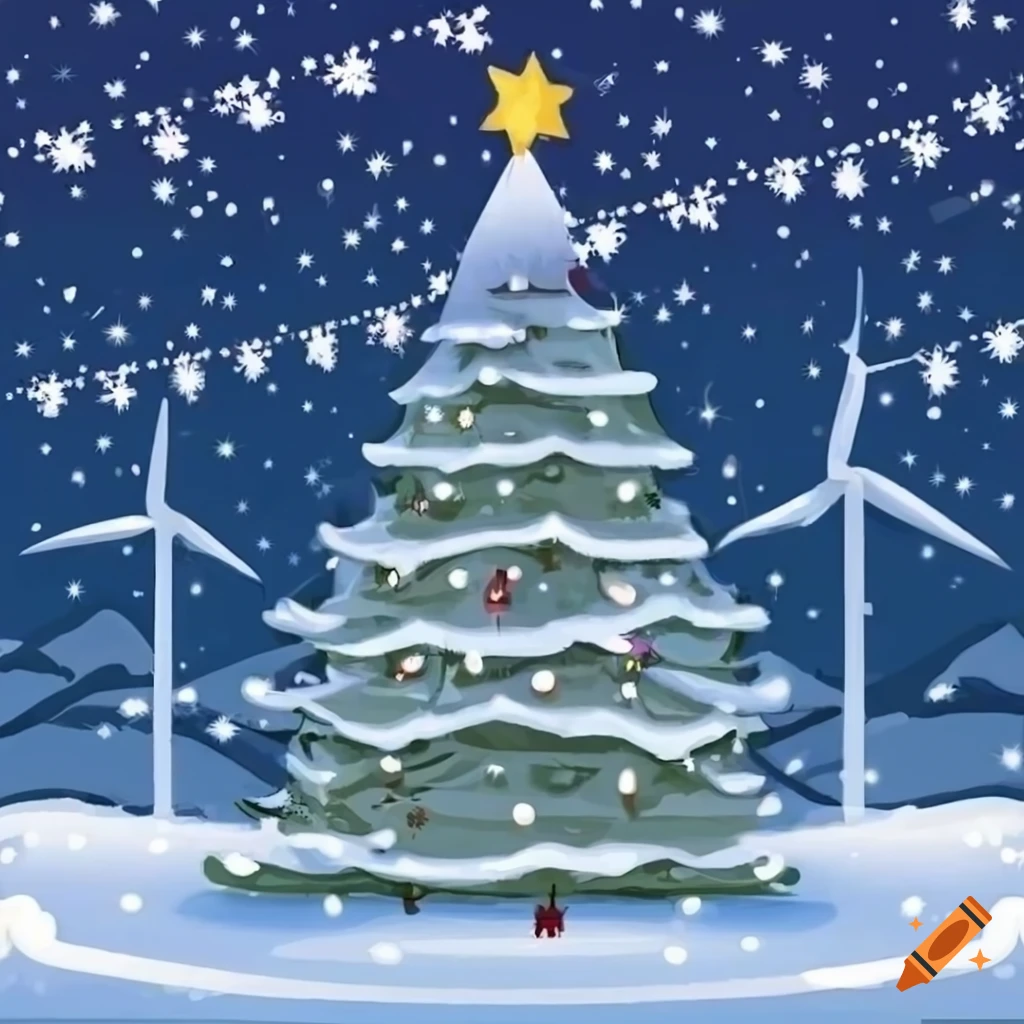 Cartoon winter scene with decorated christmas tree in snowy mountains ...
