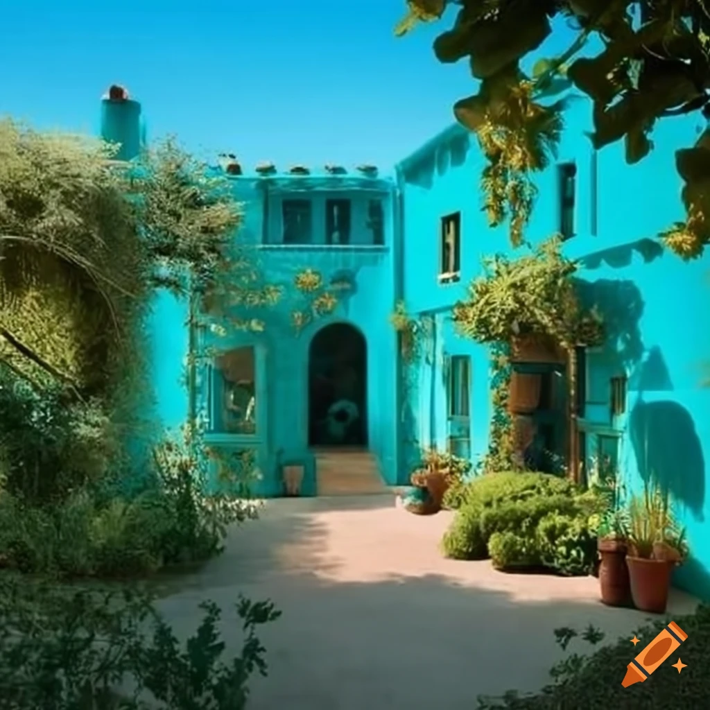 Tiffany blue adobe-style villa with a lush garden on Craiyon