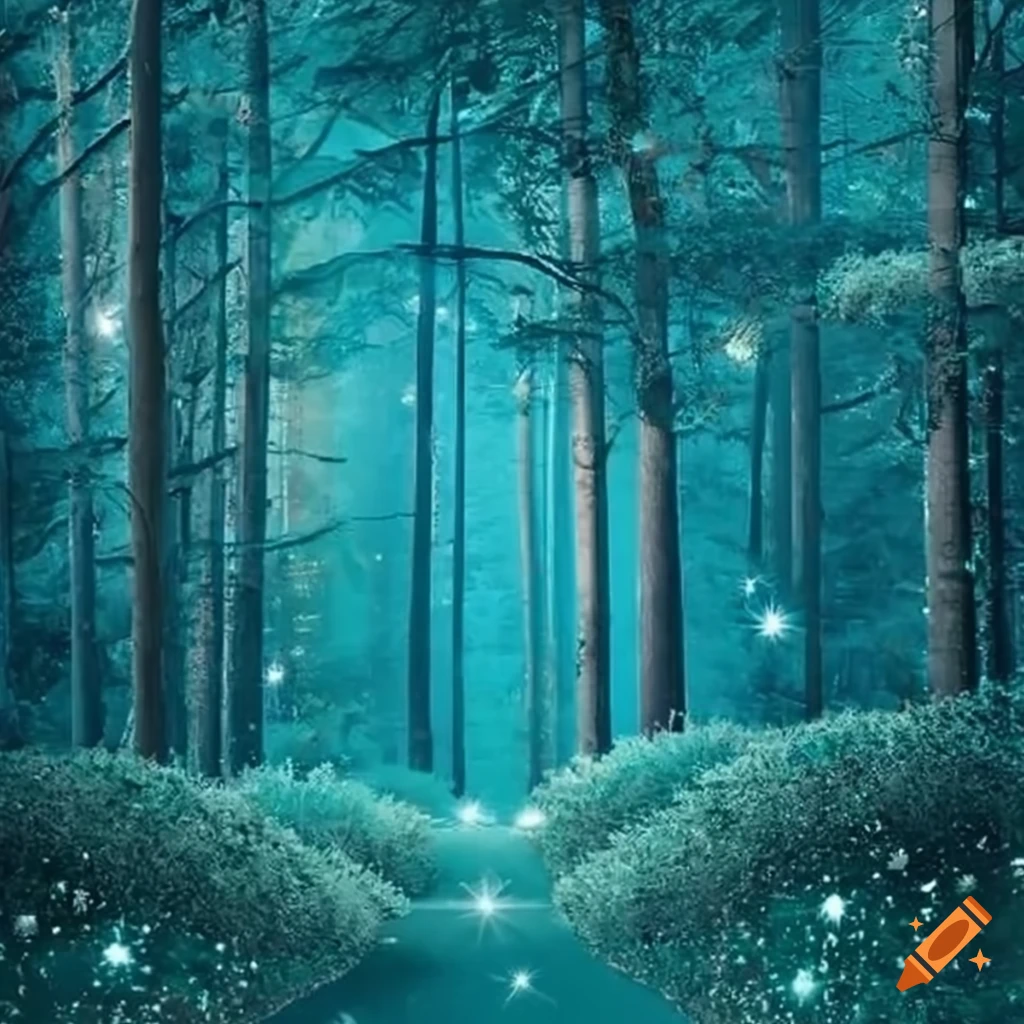 Romantic forest with teal sparkles on Craiyon