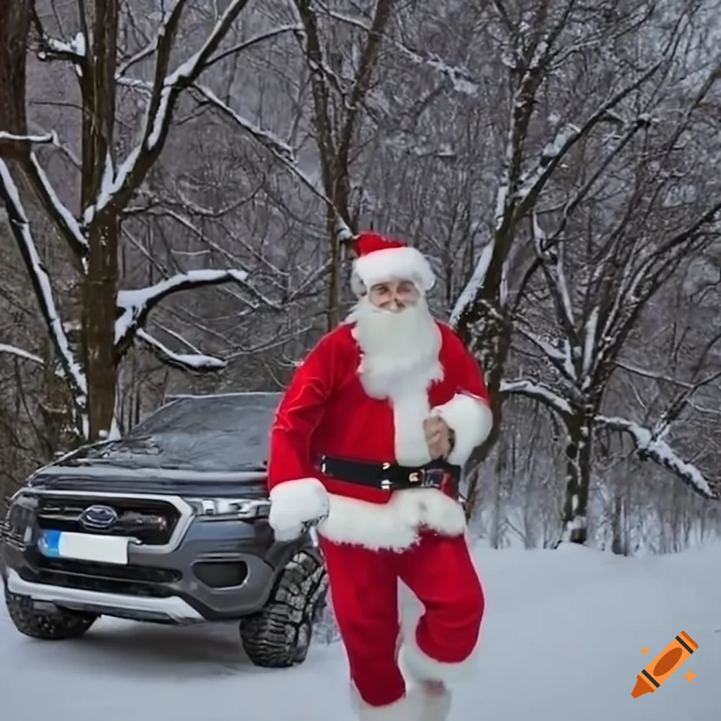 Santa running in snowy road beside a black ford ranger suv on Craiyon