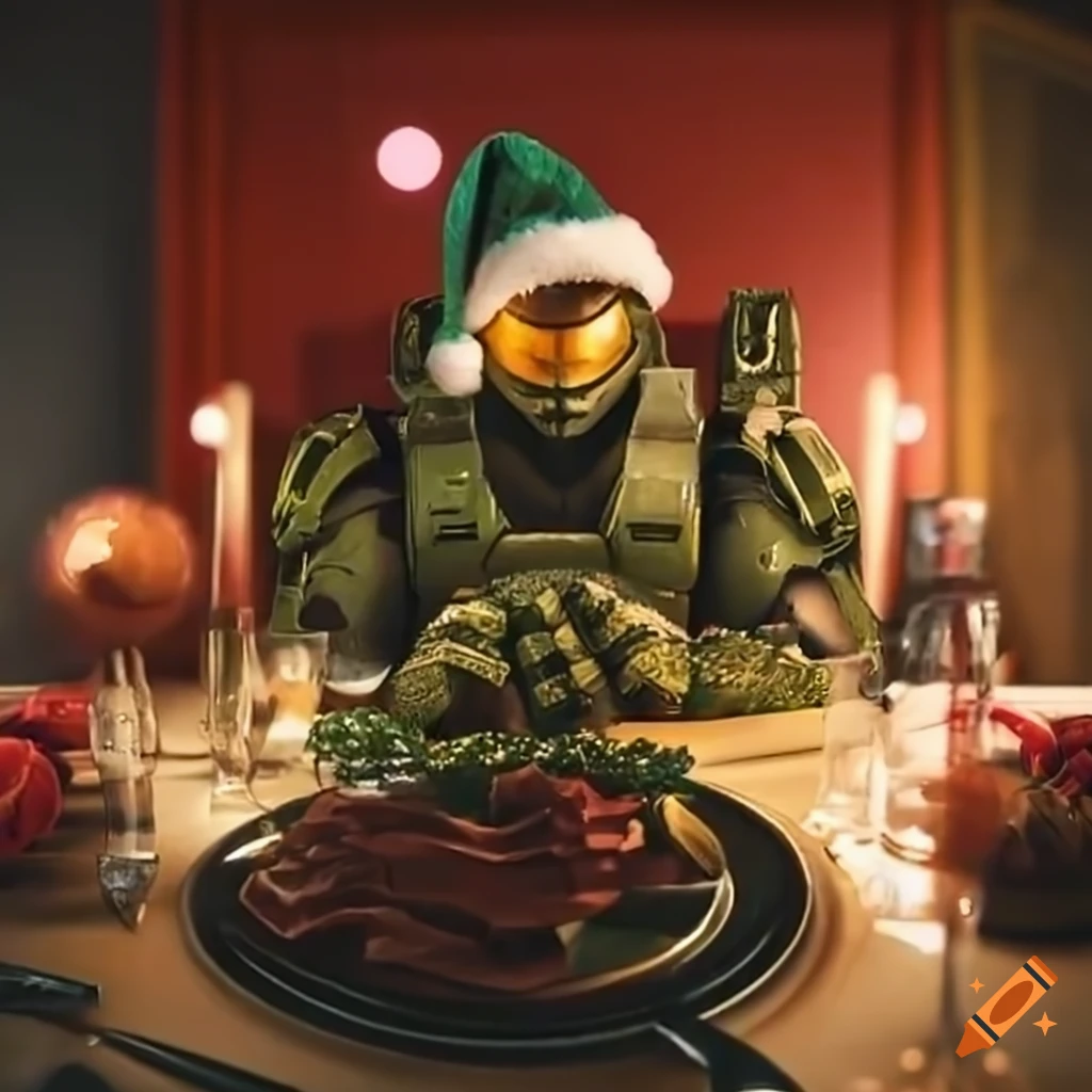 Master chief 117 sitting at christmas dinner table with santa hat on ...