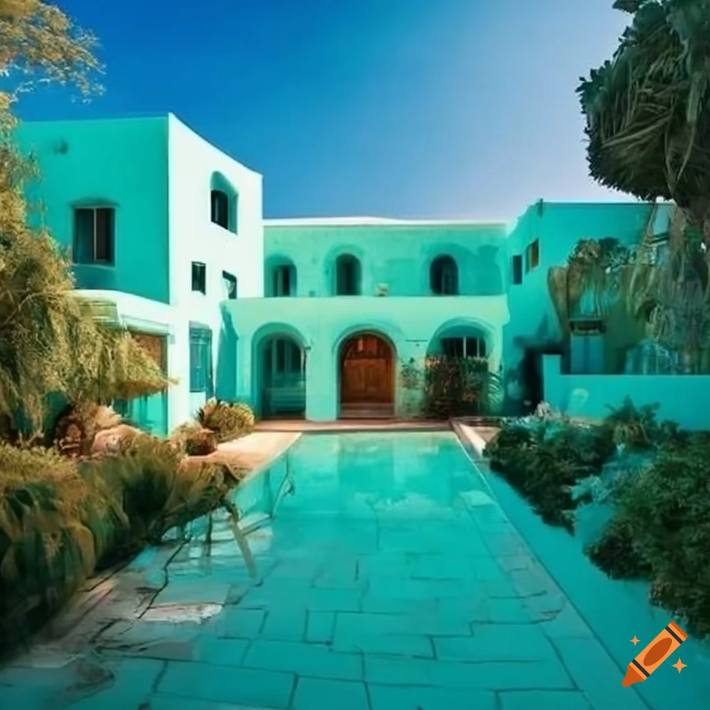 Tiffany blue adobe-style villa with a lush garden on Craiyon
