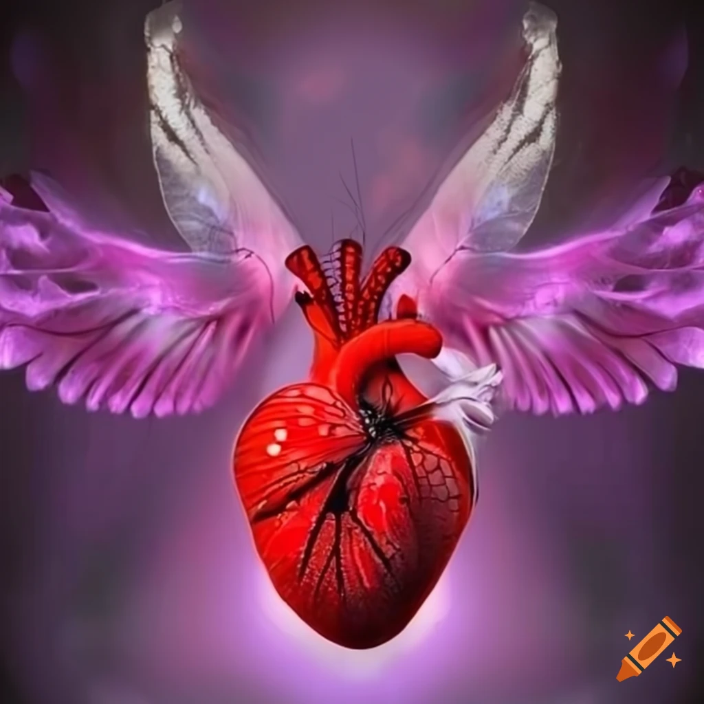 Red human heart with black angelic wing and purple heart with white ...