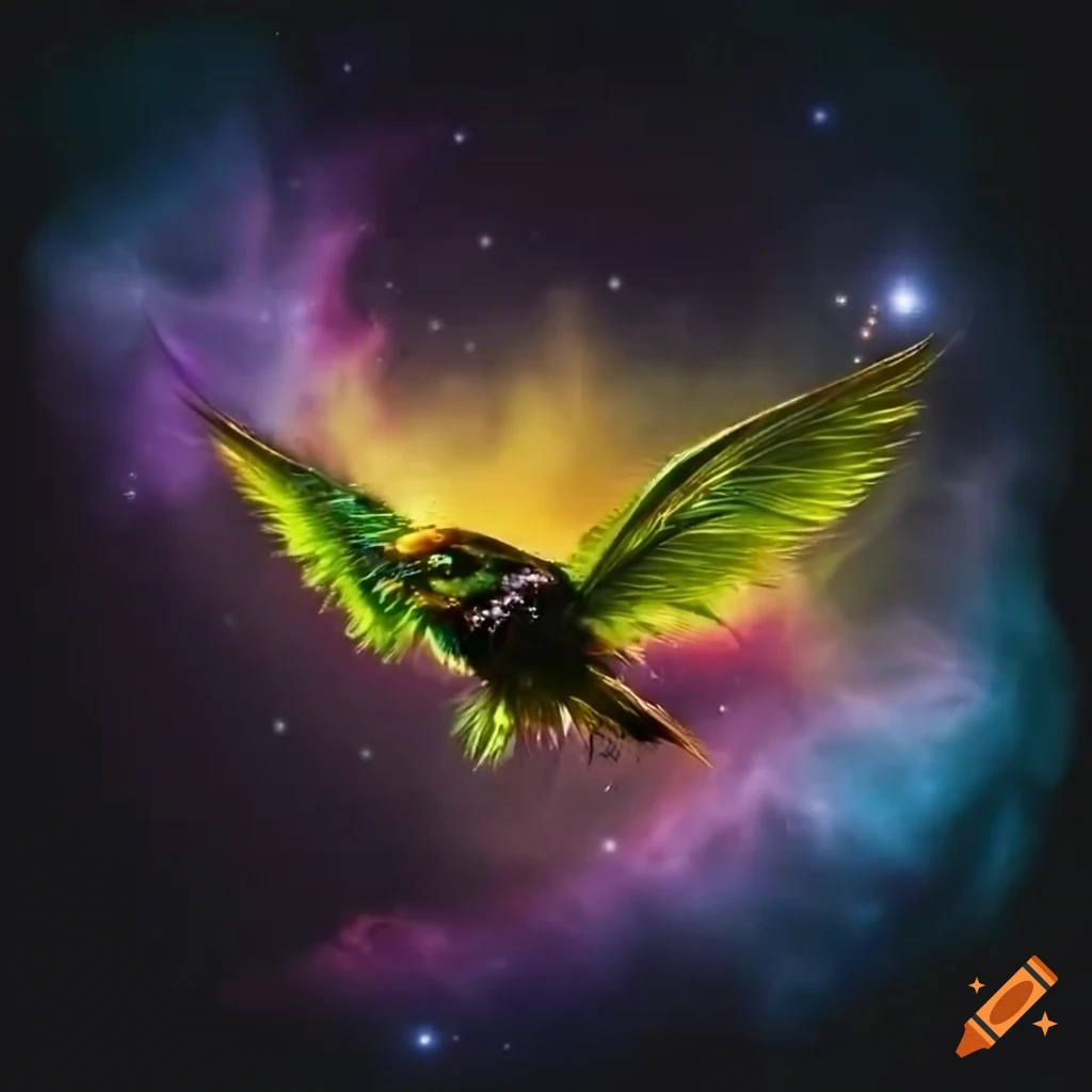 Cyborg bird with metallic feathers soaring in a nebula on Craiyon