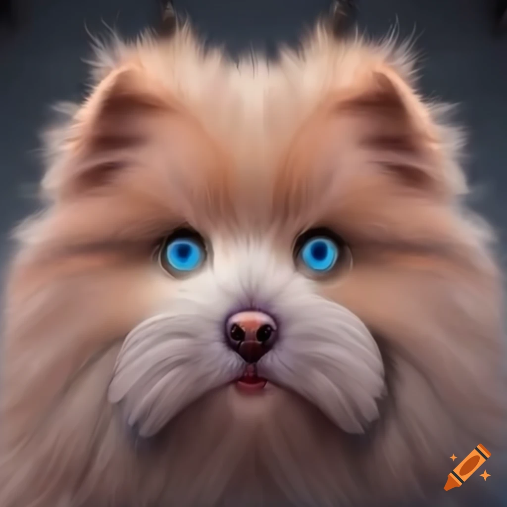 Fluffy puppy with blue eyes in realistic symmetrical art on Craiyon