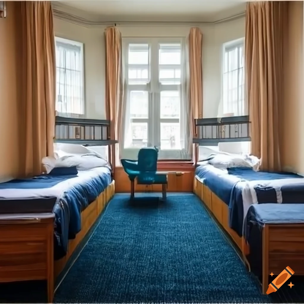 Boarding school dorm room with two twin beds on Craiyon
