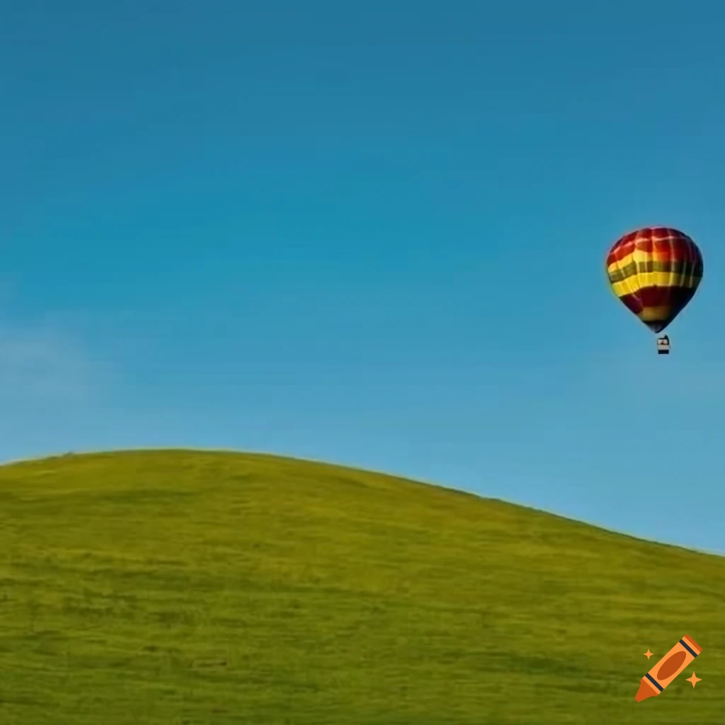 Grass hill with blue sky and a single hot air balloon on Craiyon