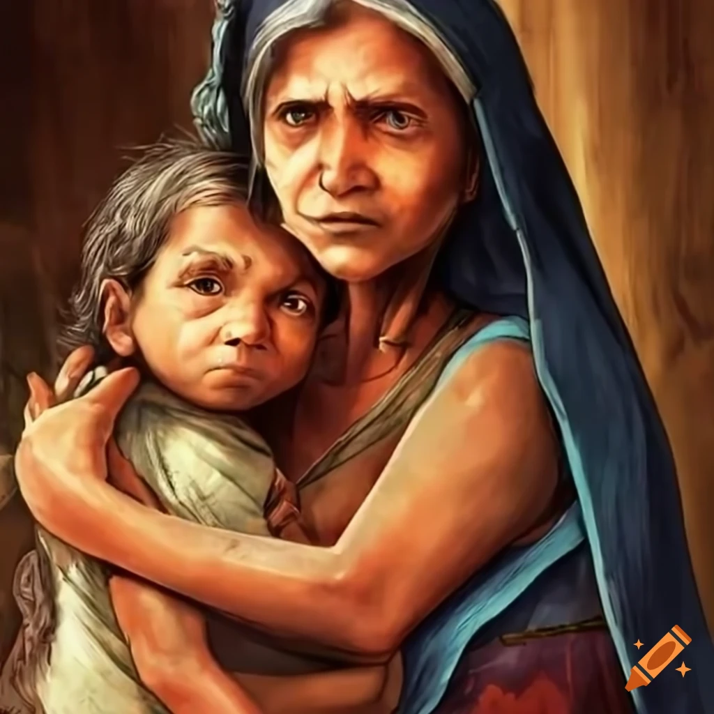 Illustration of a poor widow and her son on Craiyon
