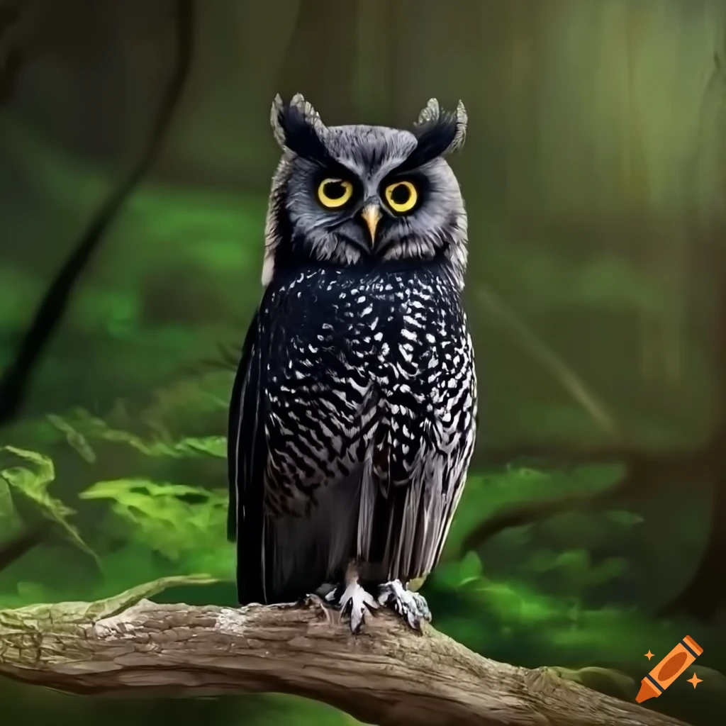 Mysterious black owl perched on a branch with mountains and forests in ...