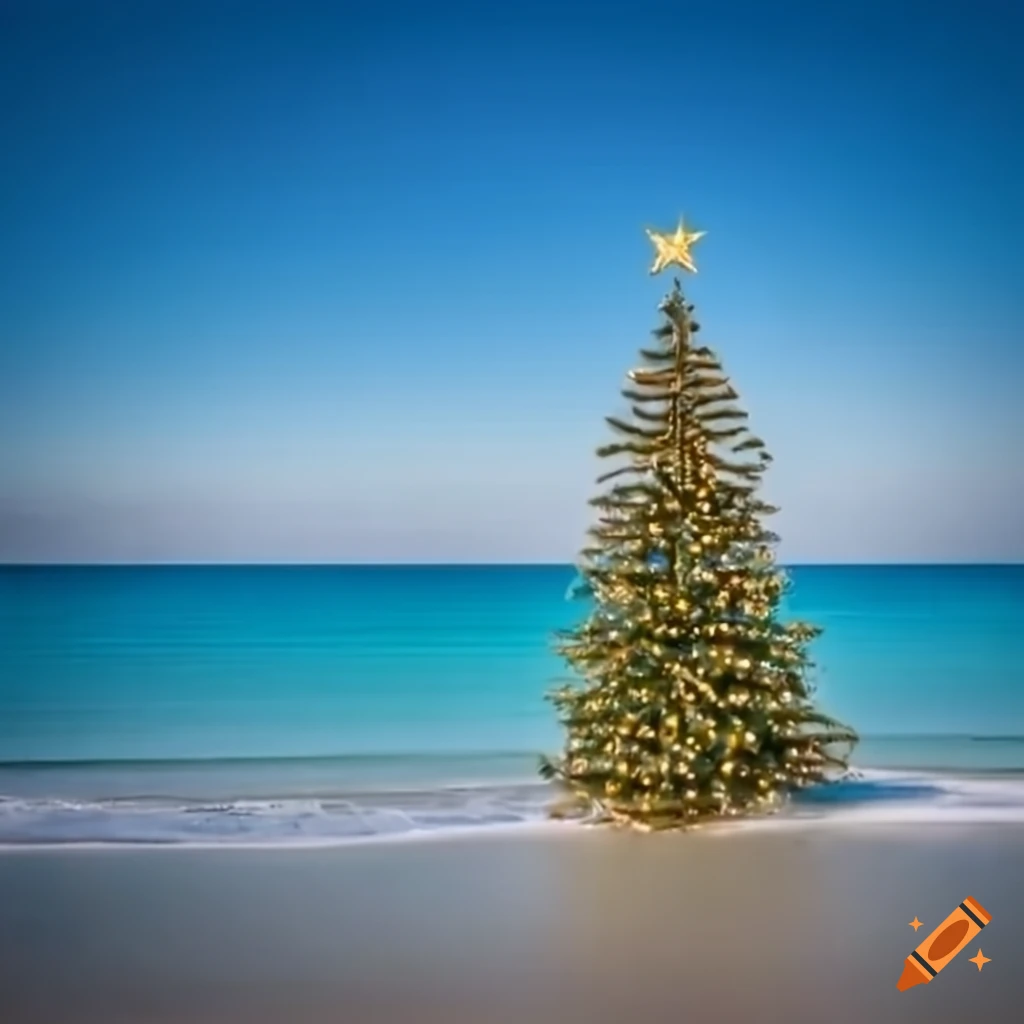 Christmas tree on a blue beach on Craiyon