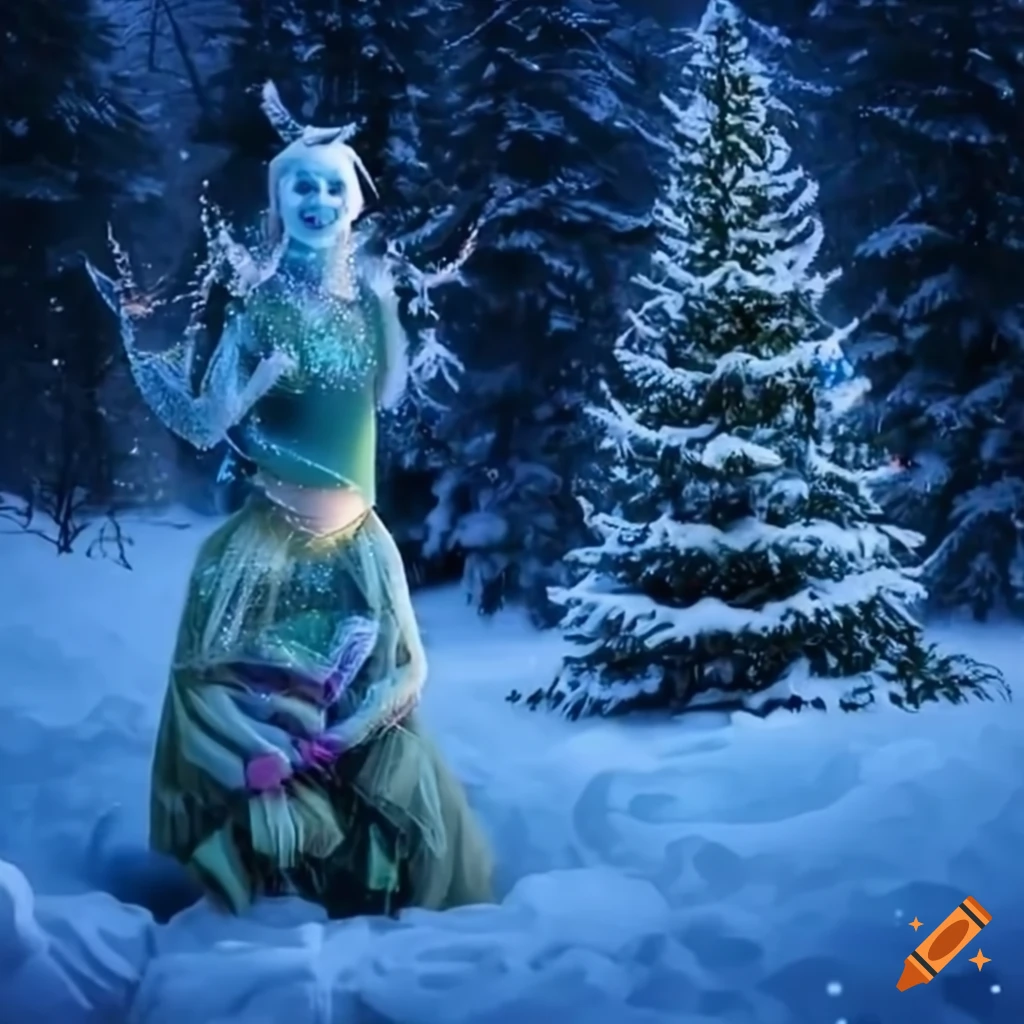 Magical night elves dancing around a Christmas tree in a snowy forest ...