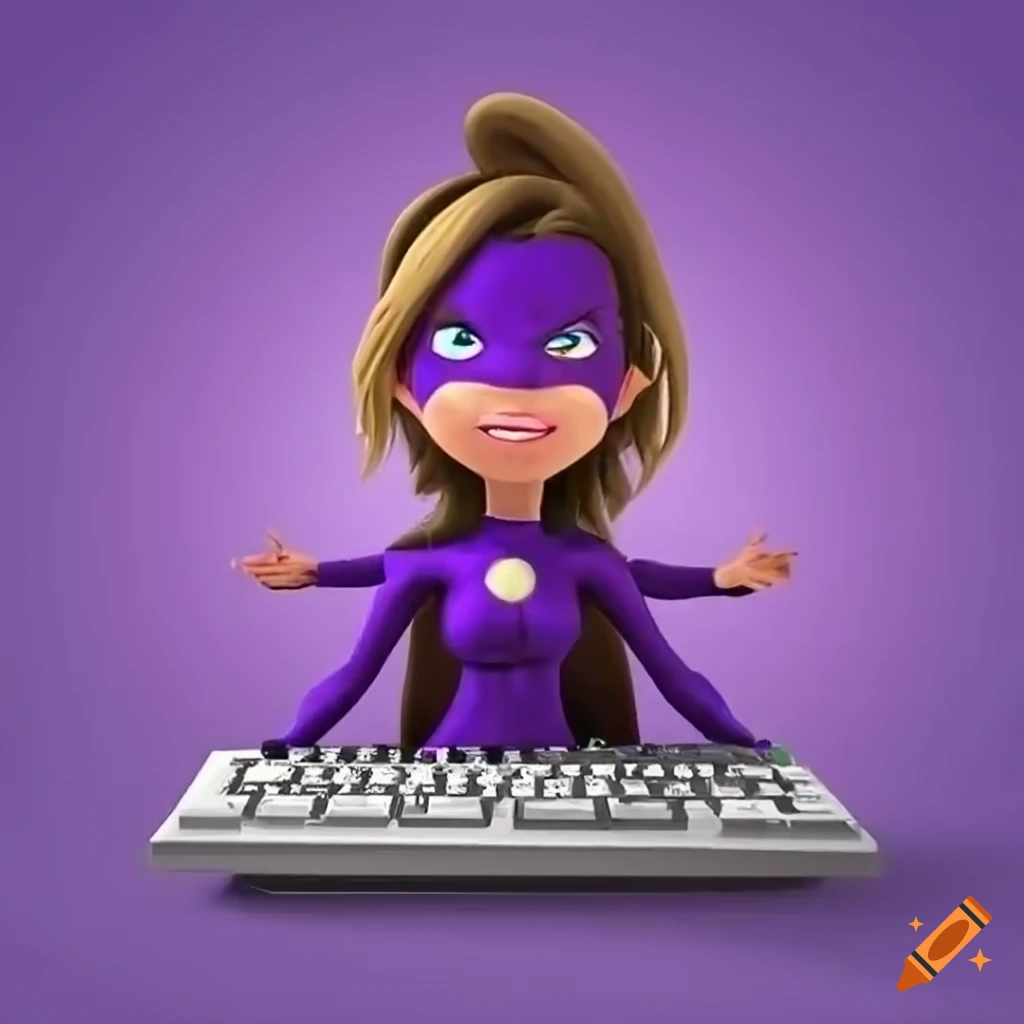 Cute animated purple female superhero at a desk with a keyboard on Craiyon
