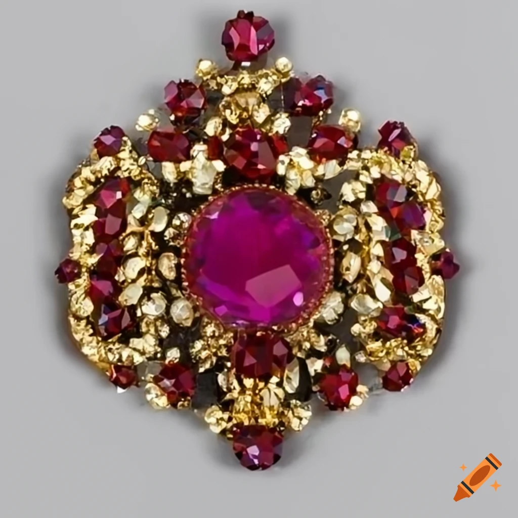 Rococo style brooch with square-cut ruby and colorful beads on Craiyon