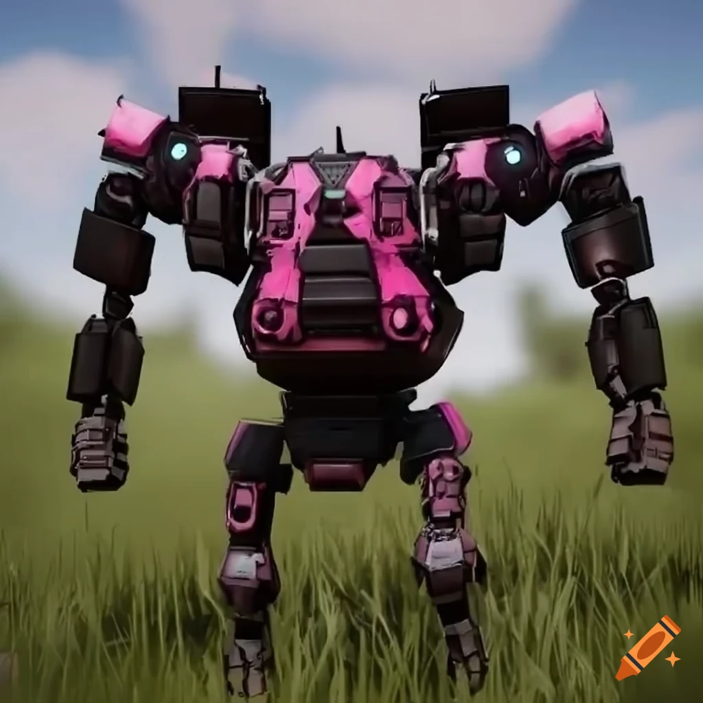 Pink-black little mech robot on grassland under a cloudy sky on Craiyon