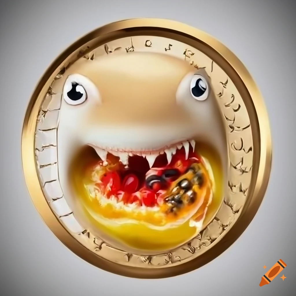 Gold coin with a funny small white shark eating a passion fruit on Craiyon