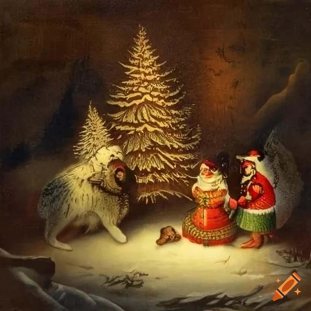 Christmas scene combining Native Salish and Russian fairytale motifs ...