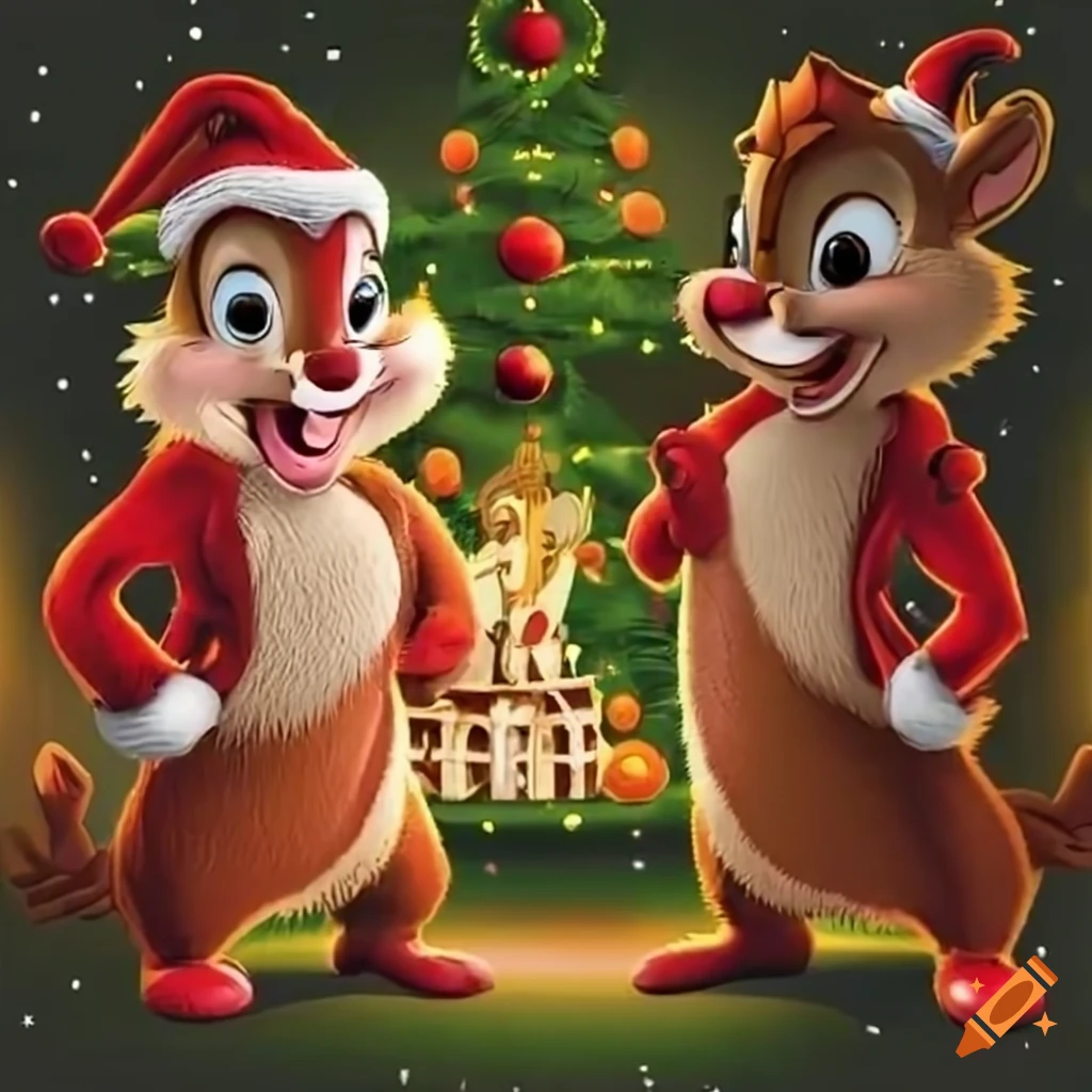 Chip and dale in front of christmas tree in a heartwarming scene on Craiyon
