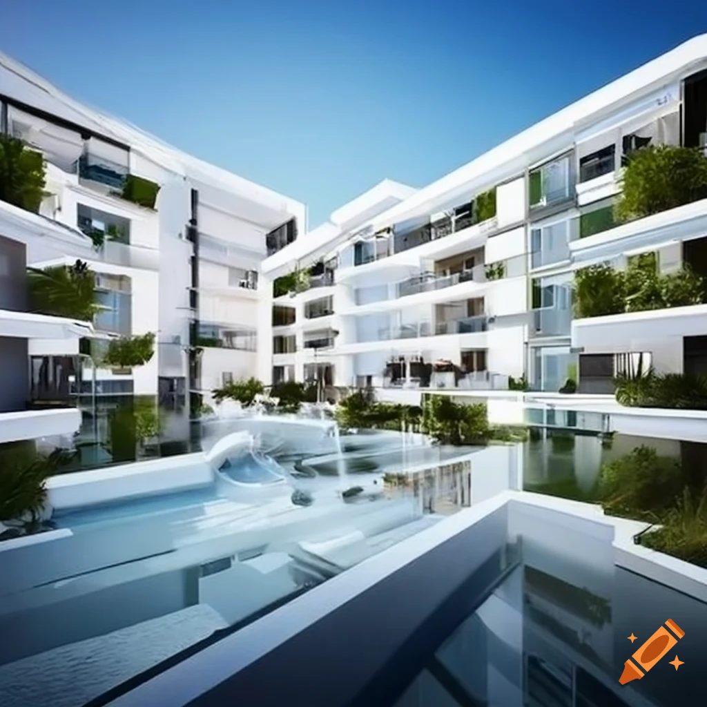 Ultra modern white apartment complex with palm trees and water ...