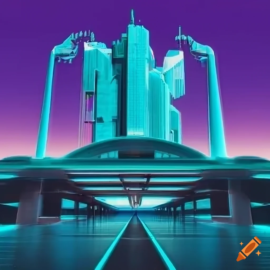Futuristic buildings on tall curving platforms with vaporwave aesthetic ...