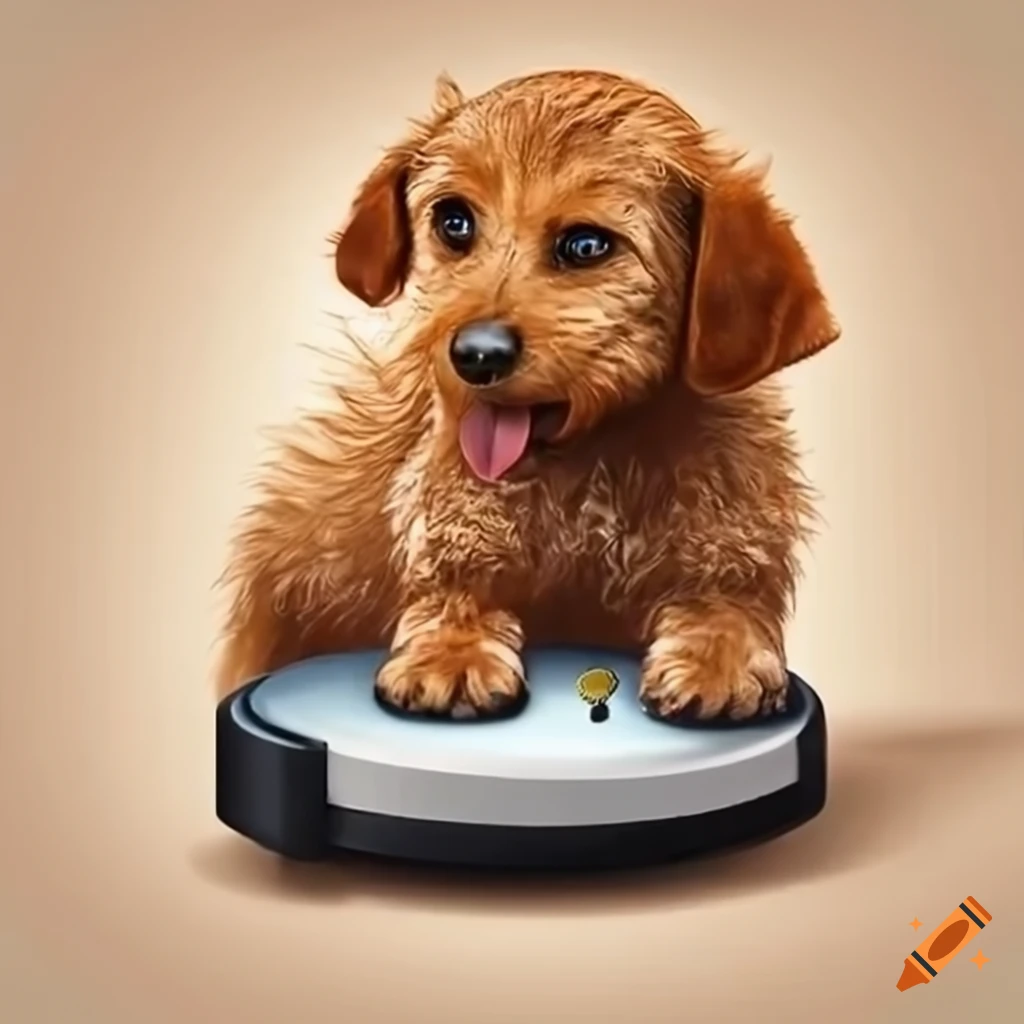 Funny photo realistic image of golden doodle puppy playing with iRobot ...
