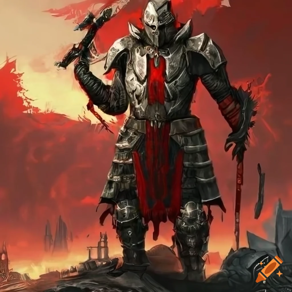 Fierce warrior in imposing armor with a vibrant red cape, inspired by ...