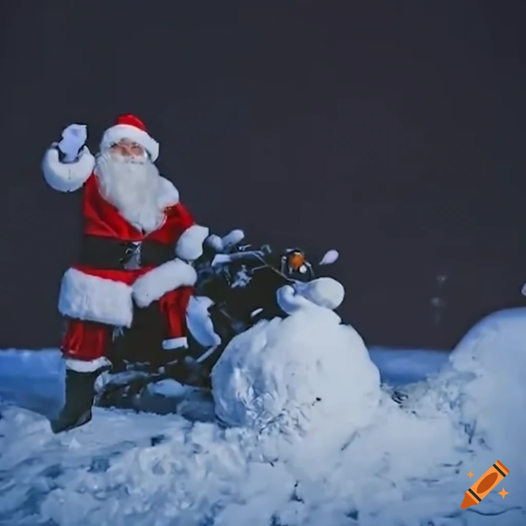 Santa claus looking at a motorcycle stuck in a snowman on Craiyon