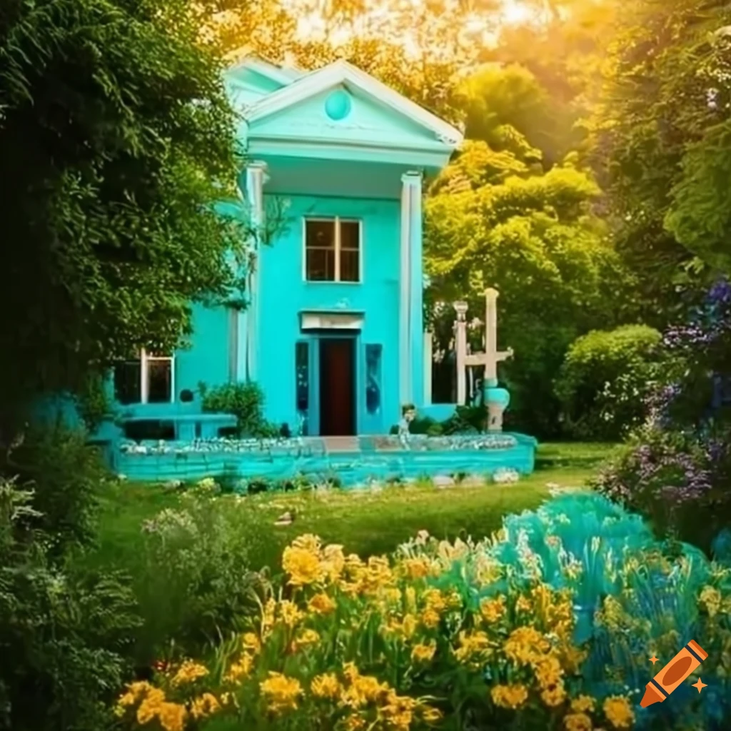Tiffany blue villa surrounded by colorful garden with blooming flowers ...