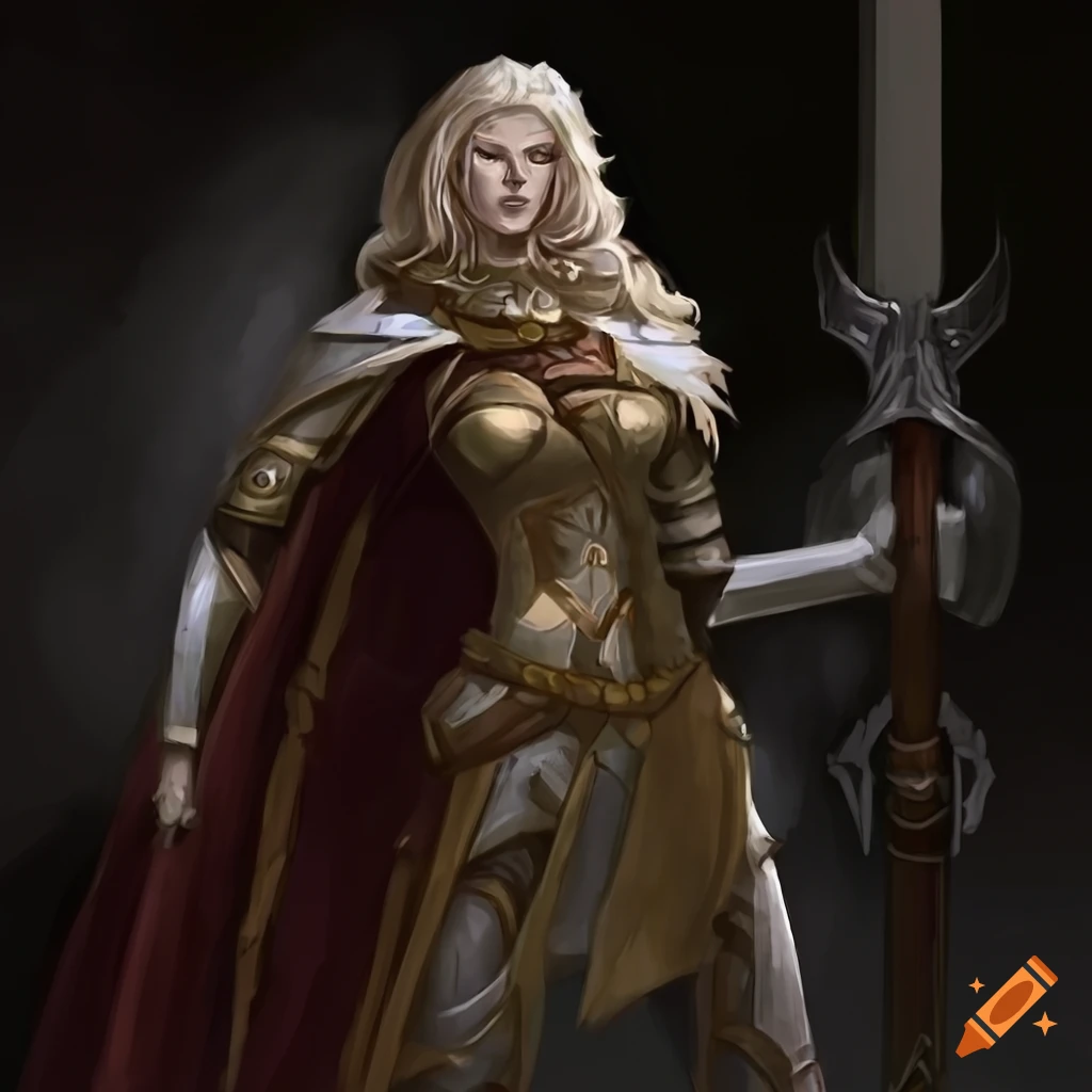 Aasimar dnd woman paladin in a dark setting on Craiyon