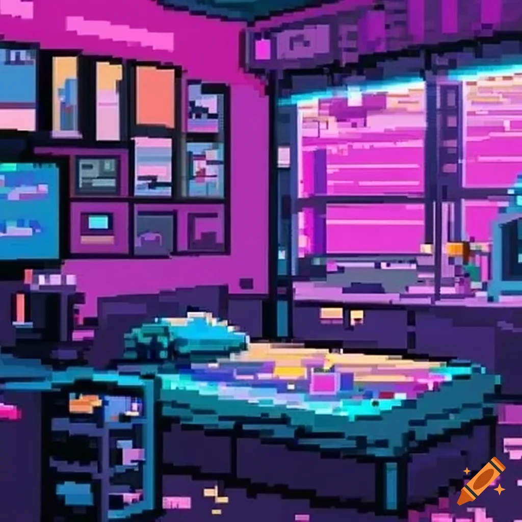 Cyberpunk pixel art of a bedroom on Craiyon
