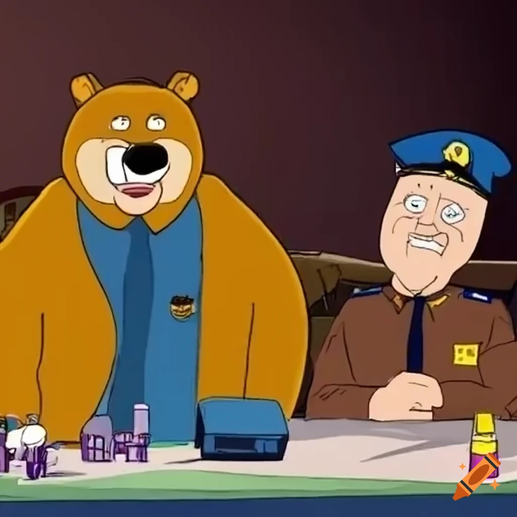 Cartoon bear joining the police force in a show on Craiyon