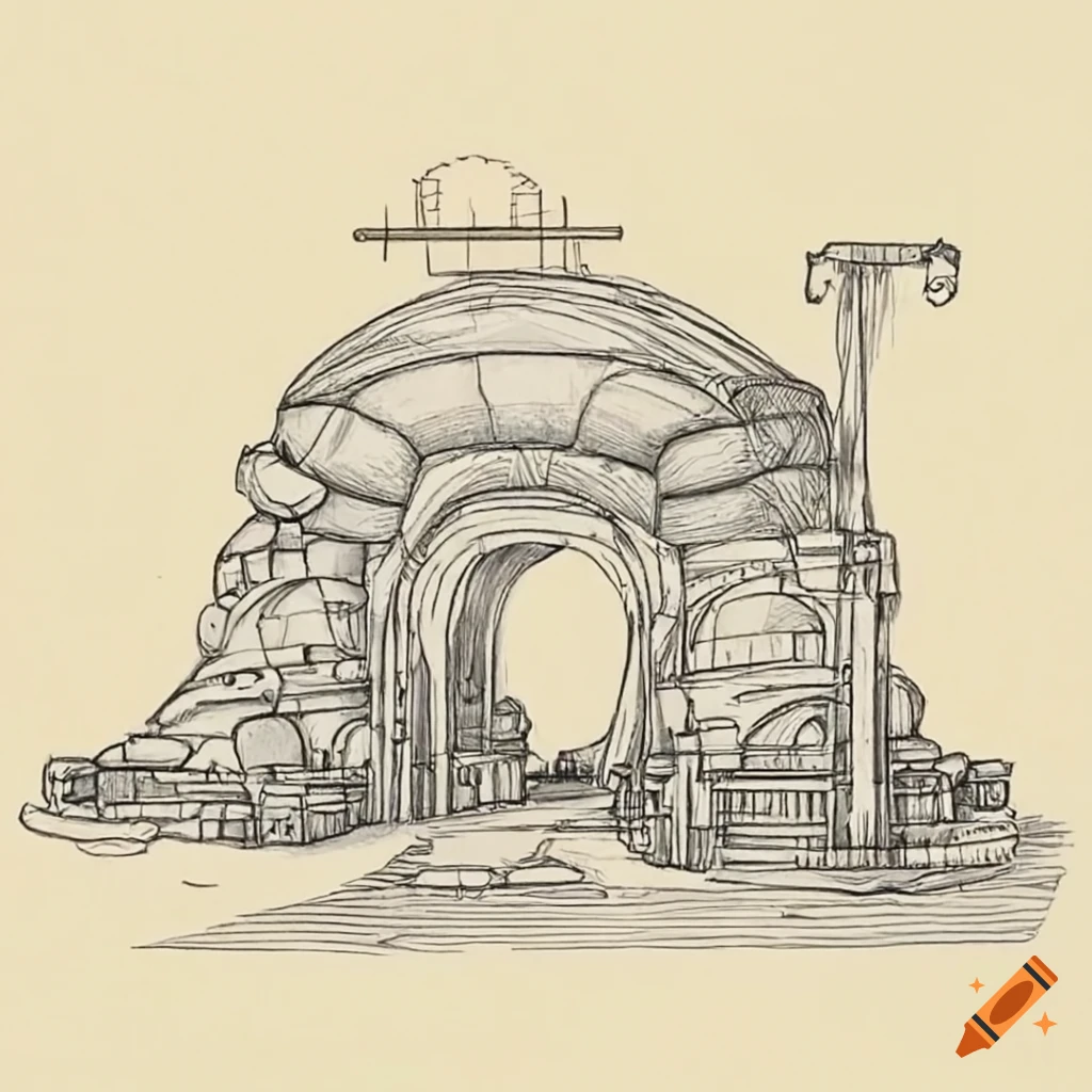 Technical drawing of martian city gates in Hayao Miyazaki's style on ...