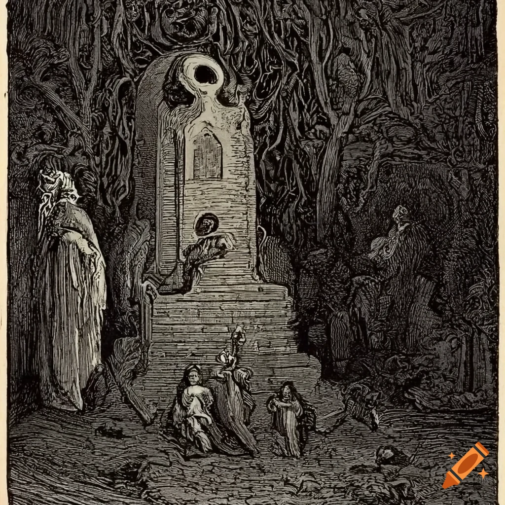 Giant monster in a cemetery surrounded by ghosts with an eerie ...