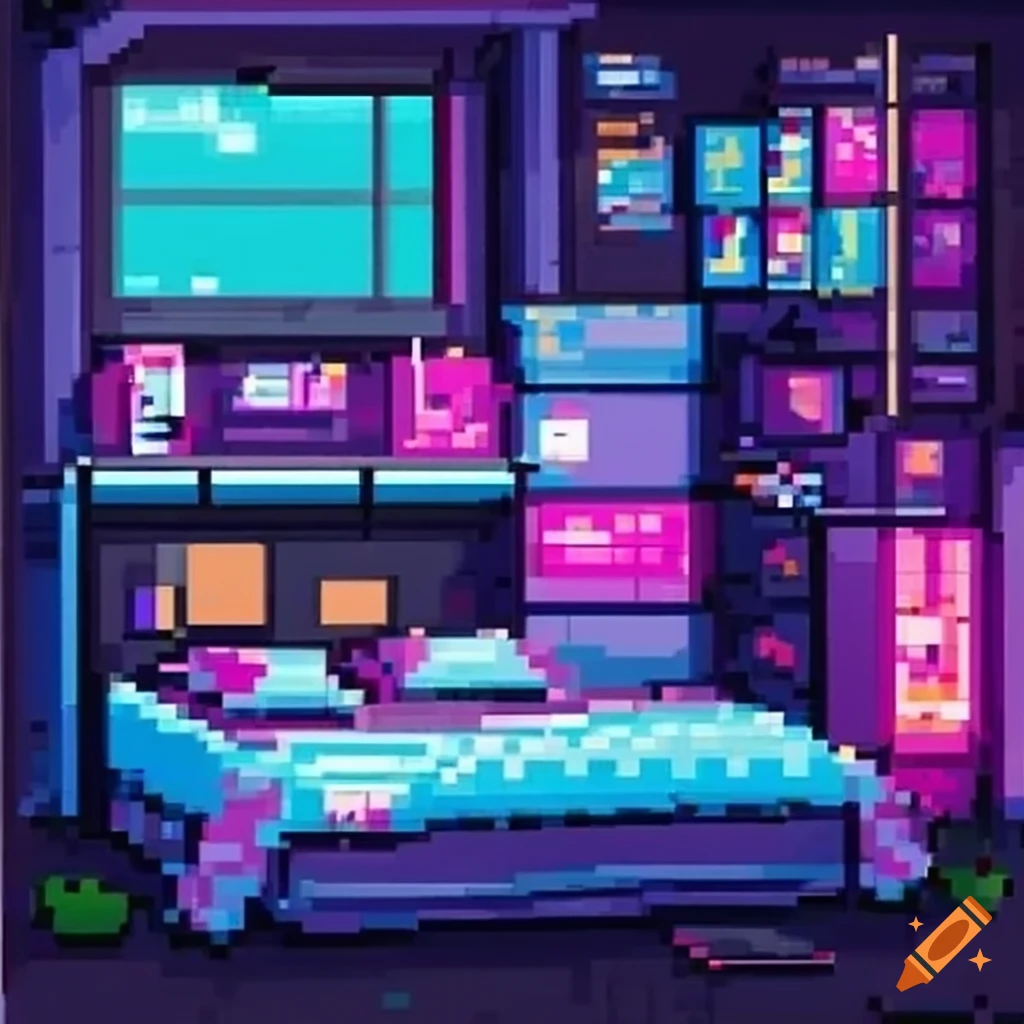Pixel art of a cyberpunk bedroom on Craiyon