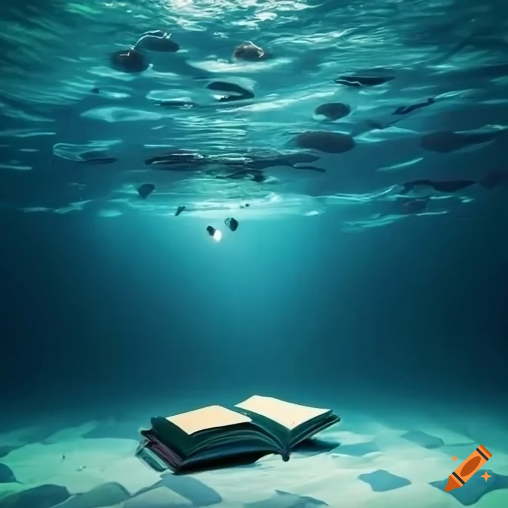 Serene underwater scene with floating book pages and a dimly lit lamp ...